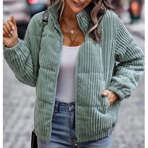 Jackets & Coats | Cozy Mint Green Corduroy Oversized Puffer Jacket ...